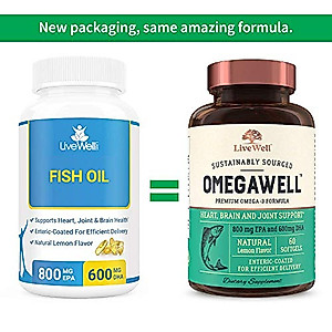 OmegaWell Fish Oil: Heart, Brain, and Joint Support | 800 mg EPA 600 mg DHA - Natural Lemon Flavor, Enteric-Coated, Sustainably Sourced - Easy to Swallow 90 Day Supply