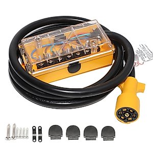 MECMO 7 Way Plug Inline Trailer Cord 8Ft w/ 7 Gang Junction Box, UL Listed Heavy Duty 7 Terminals Trailer Electrical Box Waterproof Clear Transparent Cover for Rewiring RV Camper Trailer Light, Yellow
