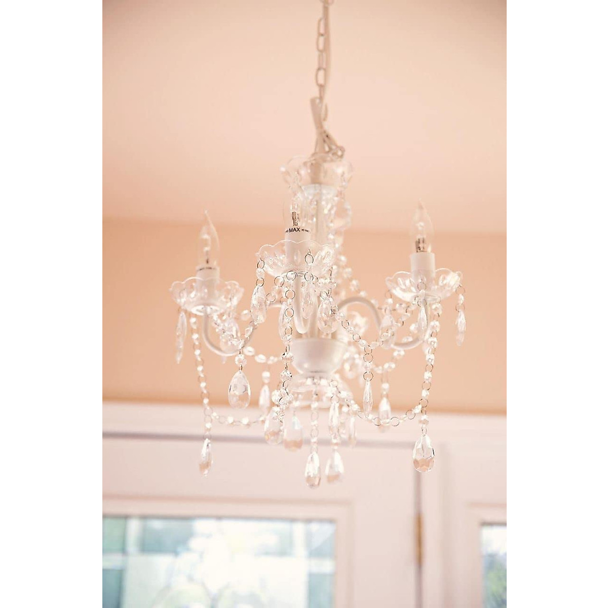 gypsy color The Original Brink House Plug-in 4 Light Crystal White Hanging Chandelier H17.5”xW15”, White Metal Frame with Clear Glass Stem and Acrylic Crystals