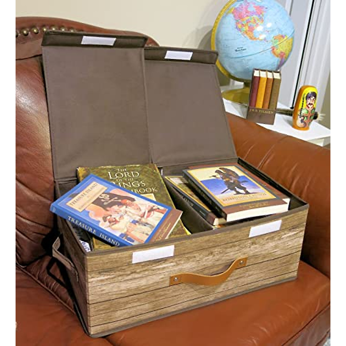 Double Compartment X-Large Collapsible Multi-Use Storage Bins with Dual Lids, Fold-up Cloth and Home Décor Dual Space Storage Caddy Box, Two Compartment Closet Chest (Pack of 2, Reclaimed Wood)