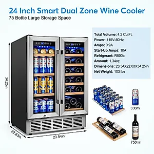 Wine and Beverage Refrigerator with Glass Door, 24-Inch Dual Zone Wine Fridge Under Counter - 18 Bottle and 65 Can Large Capacity Led Blue Light Smart Fast Cooling Wine Cooler