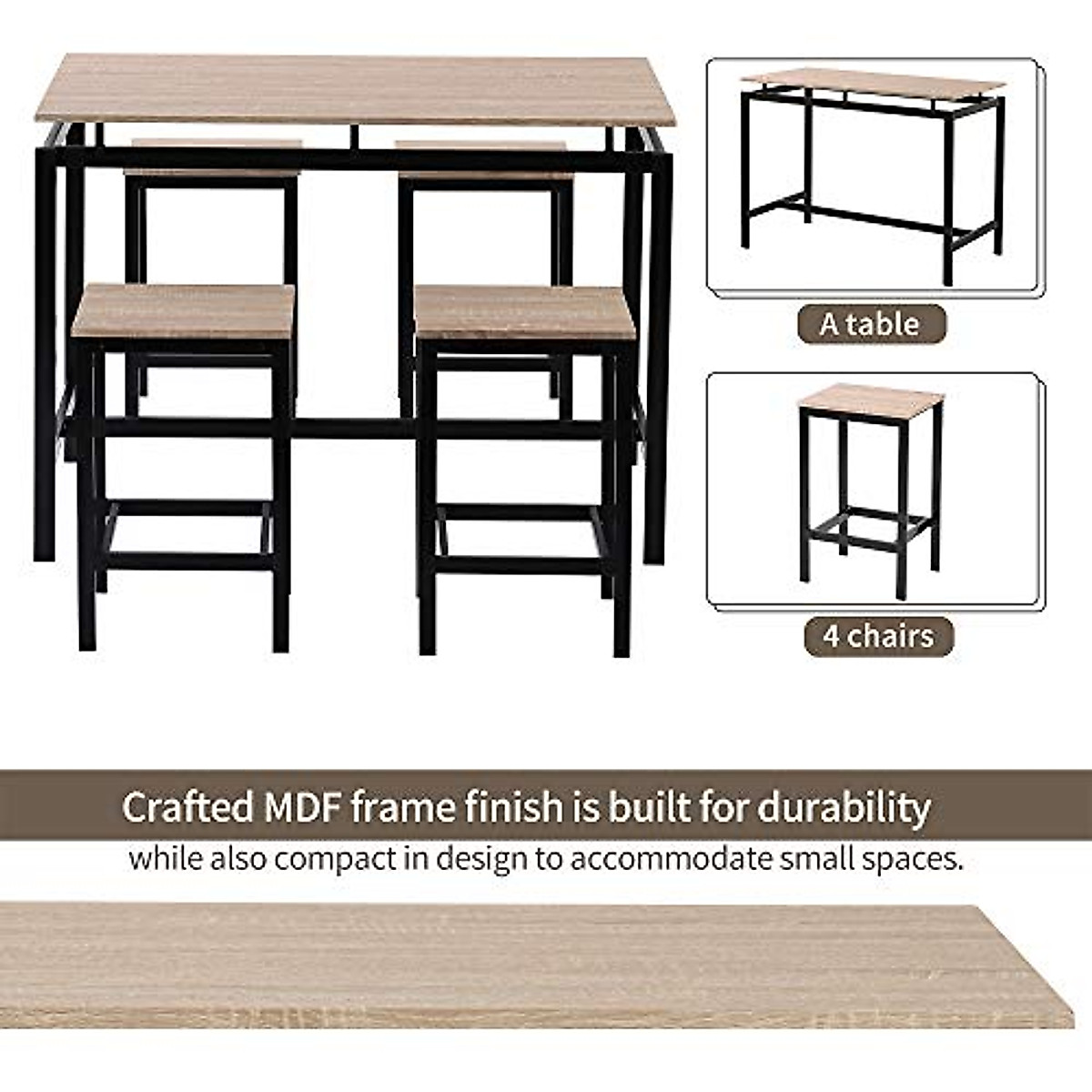 Rockjame Dining Table Set, Upgrade Version 5 Piece Counter Height Pub Table Set with 4 Chairs for The Bar, Breakfast Nook, Kitchen Room, Dining Room and Living Room (Oak)