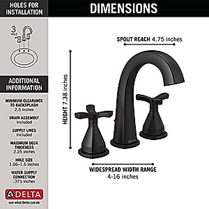Delta Faucet Stryke Widespread Bathroom Faucet 3 Hole, Matte Black Bathroom Faucet Black, Bathroom Sink Faucet, DIAMOND Seal Technology, Metal Drain Assembly, Matte Black 357756-BLMPU-DST