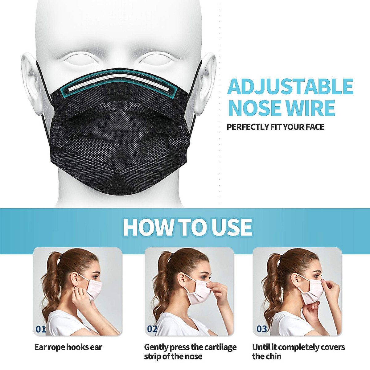 Black Disposable Face Masks 4 Layers Protection 50Pcs, Breathable Dust Mask Mouth Covers for Adult