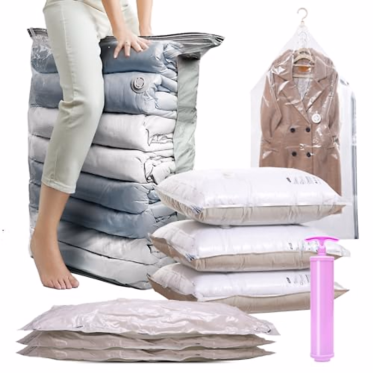 Vacuum Storage Bags Combo 8 Pack, Vacuum Sealed Bags for Bedding and Clothes, Hanging and Cube Vacuum Sealer Bags for Bedroom Closet Storage, Large and Small Travel Compression Bags