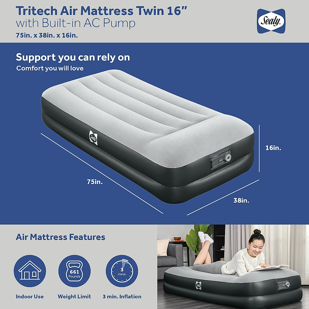 Sealy Tritech 16” Twin Sized Inflatable Air Mattress Bed with Built-in Pump, Storage Bag, and Repair Patch for Indoor and Outdoor Use