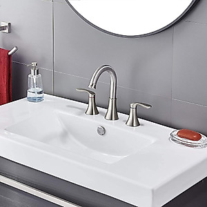 Friho Modern 2 Handle 3 Hole Brushed Nickel Widespread Bathroom Faucet, 8 inch Lavatory Vanity Swivel Spout Bathroom Sink Faucet with Water Supply Hoses and Pop Up Drain