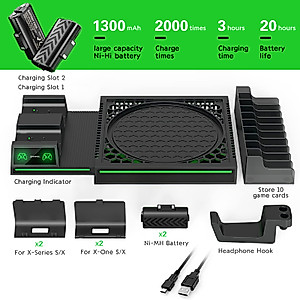 Stand for Xbox Series X, Dual Controller Charging Station with 2 Rechargeable Battery Pack, 10 Game Slots & Headphone Holder for Xbox Series X (Dark Black)