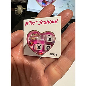 Betsey Johnson Chunky Fuchsia Pink Resin Heart Ring XOX and Gingham Size 8 NWT Valentine's Day Gift Idea Mother's Day XMAS Christmas Present LOVE Heart