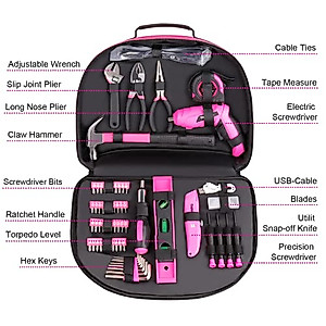 THINKWORK 122-Piece Pink Tool Set with 3.6V Rotatable Electric Screwdriver, Home Tool Kit for Women with Easy Carrying Round Pouch, Ladies Pink Tool Kit for Home Maintenance, DIY, Gifts