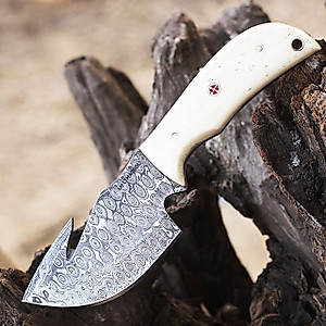 LH LIMASSOL 8 INCH Fixed Blade Custom Handmade Damascus steel Gut Hook knife/Hunting knife / skinner knife /Gut Hook knife leather sheath (camel bone)