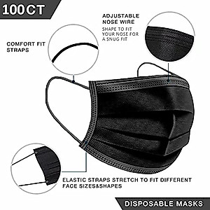 100 Pcs Black Disposable Face Masks - Adults Protective Masks, 3 Ply Breathable Non-Woven Face Mask