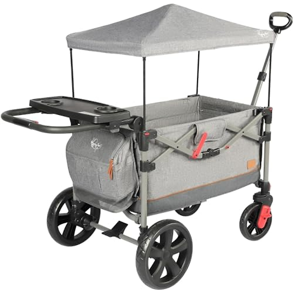 Busy Bee Foldable Wagon Stroller for 2 Kids, Push Pull Collapsible Kids Wagon with Adjustable Handle Bar, Removable Canopy, 5-Point Harness, Shock-Absorbing Wheels, Grey