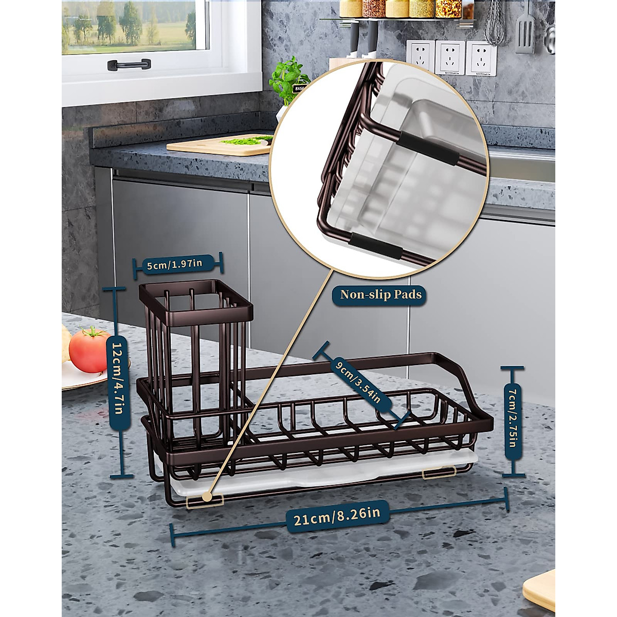 Consumest Sink Caddy Kitchen Sink Organizer, Sponge Holder for Kitchen Sink with Removable Drip Tray for Countertop Dish Soap Holder Dispenser Brush Holder, 304 Stainless Steel - Bronze