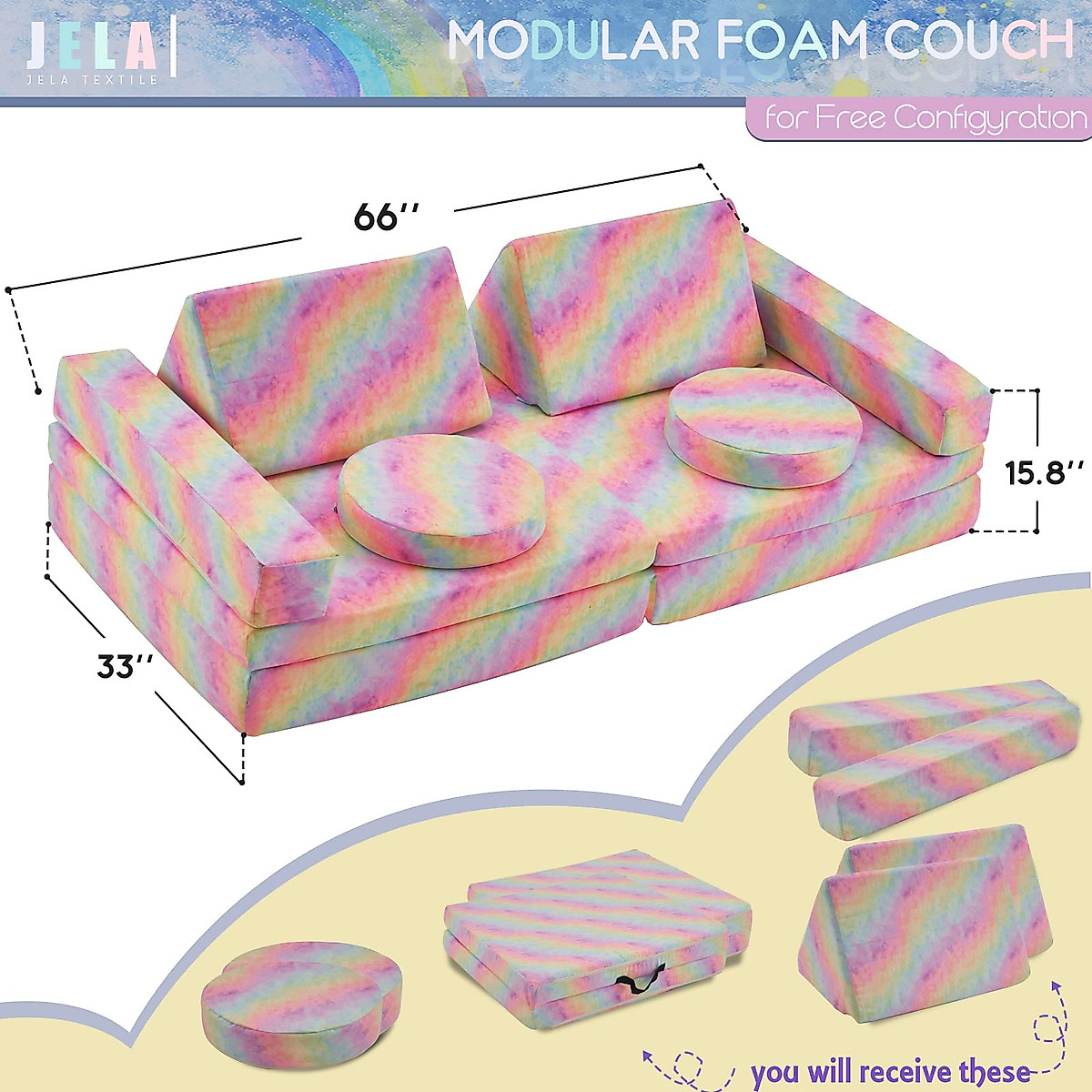 jela Kids Couch Extended Size 10PCS with futons, Floor Couch Floor Sofa Modular Furniture for Kids and Adults, Modular Foam Play Couch, Modular Sectional Sofa （Rainbow）