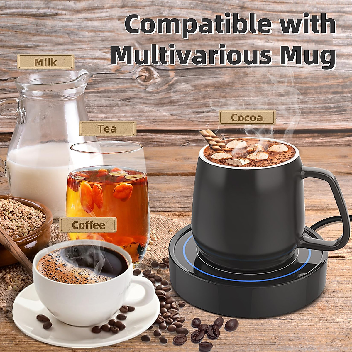 Dimux Coffee Warmer with Mug Set - Electric Beverage Cup Warmer for Desk Office Home Use, Candle Warmer Heating Plate with Gravity Switch Auto Shut Off (Up to 131F/55C), 12oz (Blue Set)