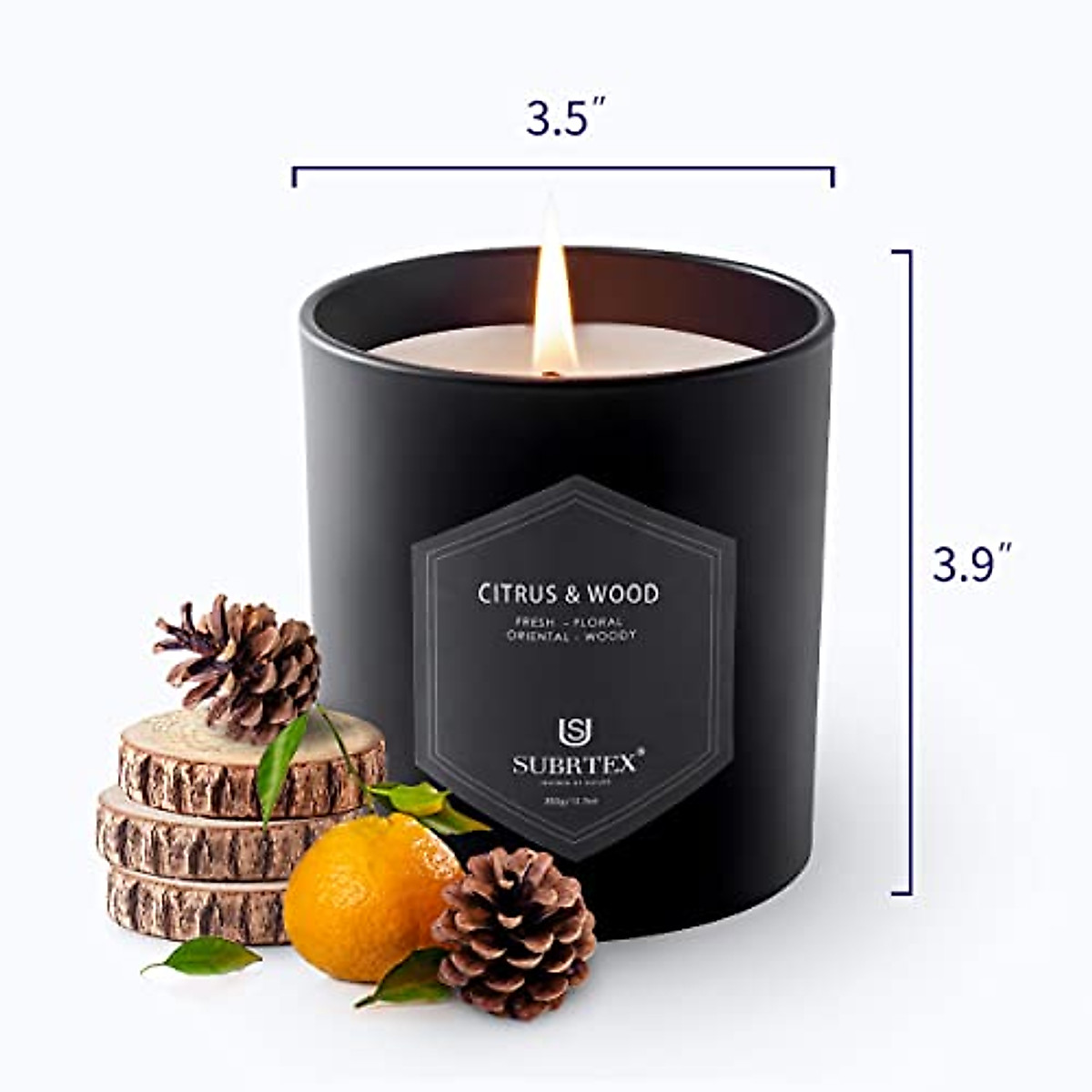 subrtex Citrus & Wood Scented Candles for Women, 12.3oz Large Jar Single Wick Candle, 70 Hours of Burn Time, Highly Scented Aromatherapy Candle Valentine's Day Gift for Bathing Massage