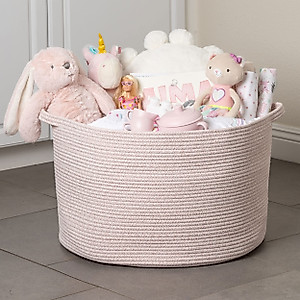 Pink Storage Basket - 22”x14” | Baby Girl Laundry Basket | Toy Bin | Woven Baskets for Storage | Fabric Laundry Baskets for Storage