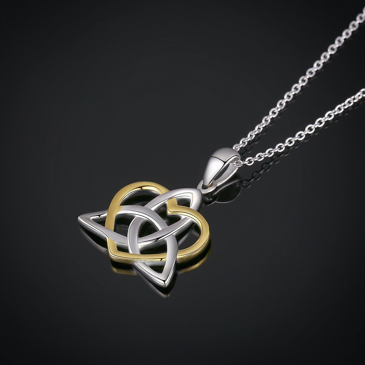 Cuoka Celtic Knot Necklace, 925 Sterling Silver Women's Triangle Irish Trinity Jewelry, 18" Rolo Chain, Heart Pendant, Celtic Culture Enthusiasts Gift