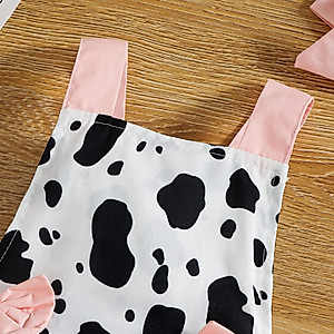 Baby Girls Cow Print Romper Summer Sleeveless Backless Jumpsuit Ruffle Bowknot Tutu Dress Sunsuit with Headband Farm Cow Themed First Birthday Coming Home Outfit for Photo Props Pink Cow 12-18 Months