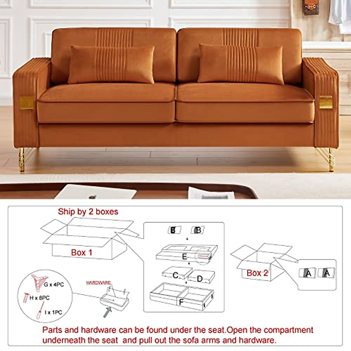 Betoko Velvet Upholstered Sofas Couches for Living Room Modern Contemporary Channel Tufted 3 Seater Sofa Couch with Golden Metal Legs for Bedroom Office and Small Spaces (Camel)