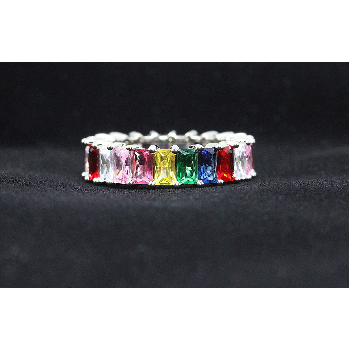 Savlano 18K White Gold Plated Cubic Zirconia Emerald Cut Multicolor Rainbow Eternity Ring Band