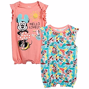 Disney Baby Girls Romper - 2 Pack Ruffled Short Sleeve Baby Jumpsuit Romper - Cozy Baby Clothes for Girls (Newborn/Infant), Size 24M, Minnie Pink Hello Lovely