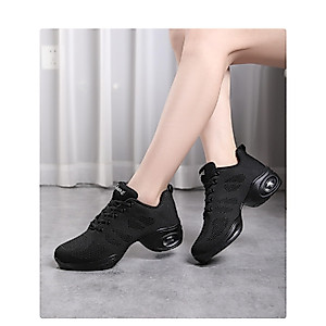 Women's Breathable Air Cushion Jazz Dance Shoes Lace Up Mesh Sneakers - Split Sole Athletic Walking Dance Thick Sole (Black,8.5)