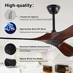 FISHMIX Large 72" Ceiling Fans without Lights, Solid Wood Ceiling Fan No Light with Remote Control Smart Indoor Outdoor Ceiling Fans for Patios, Living Room, Bedroom, Farmhouse Deep Walnut