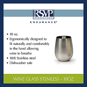 RSVP International Brushed Stainless Steel Barware Collection, Stemless Wine Glass, 18-Ounce