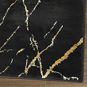 Antep Rugs Babil Gold 2x7 Marble Abstract Modern Indoor Runner Rug (Black, 2' x 7')