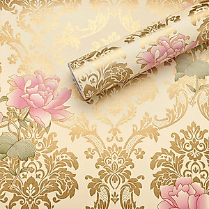 HOYOYO Self-Adhesive Shelf Liners Paper, Removable Self Adhesive Shelf Liner Dresser Drawer Wall Stickers Home Decoration, Gold Pink Flower 17.8 x 118 Inches