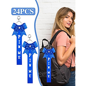 Landical 24 Pcs Cheer Pin Me Ribbon Cheer Keychain Cheer Ribbon Pins with Rhinestones Bow for Cheerleader Bag Backpack (Blue)