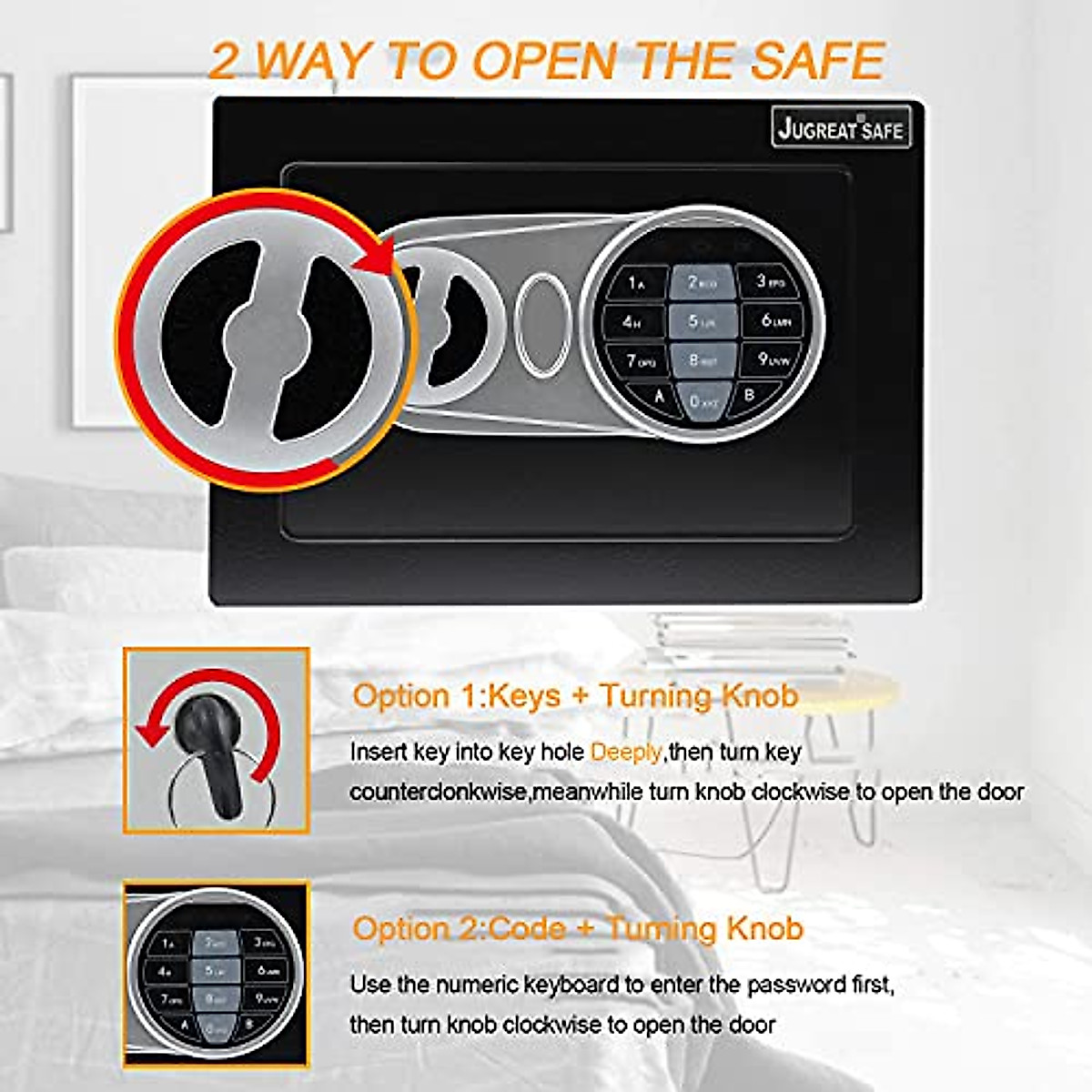 JUGREAT Safe Box with Sensor Light,Electronic Digital Securit Safe Steel Construction Hidden with Lock，Wall or Cabinet Anchoring Design for Home Office Hotel Gun Passport Cash（Black）