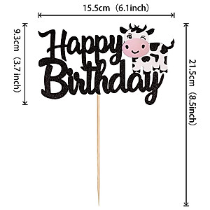 1 PCS Cow Happy Birthday Cake Topper Glitter Farm Animals Birthday Cow Cake Pick Decorations for Cow Theme Baby Shower Kids Boys Girls 1st Birthday Party Cake Decorations Supplies