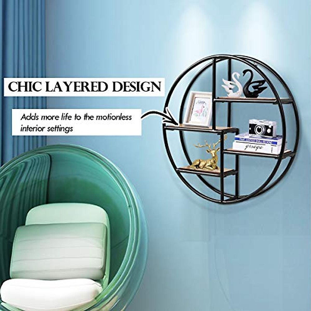 Tangkula Round Wall Shelf, Wall-Mounted Circular Shelf, Wood & Iron Wall Hanging Shelves, 4-Tier Circle Shelf Wall Decor for Home Office, Circular Floating Shelves (1, Black)