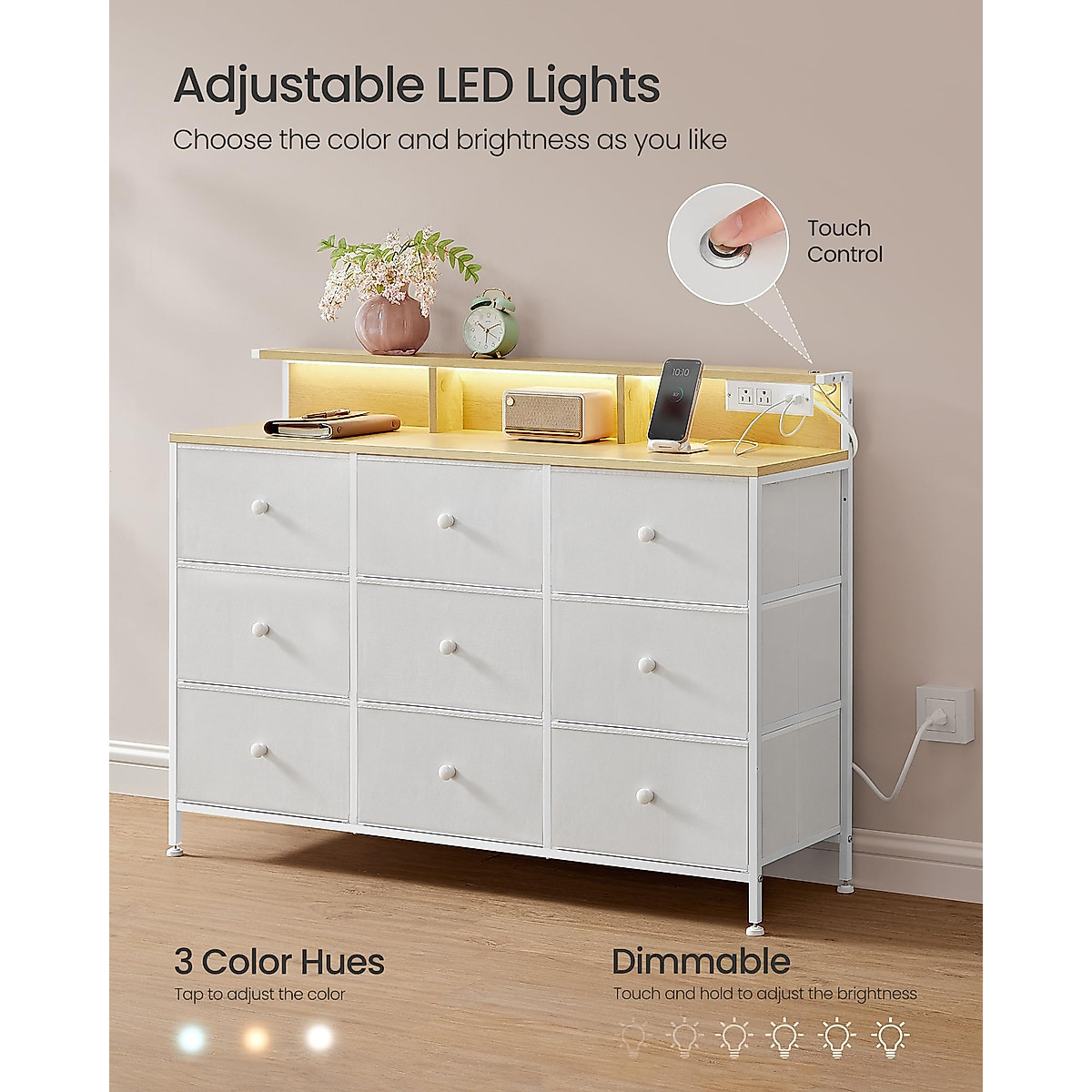 SONGMICS Dresser for Bedroom, Storage Organizer with 9 Fabric Drawers and LED Lights, Charging Station, Steel Frame, 13.2 x 44.9 x 33 Inches, Entryway, Cloud White ULTS519W01