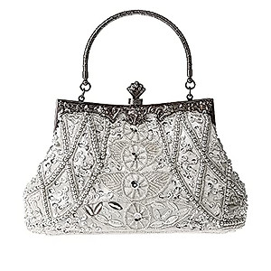 DA BODAN Women's Evening Bag Vintage Beaded Sequin Pearl Clutch Handbag Shoulder Bag Purses for Wedding Bridal Prom Party (Silver)