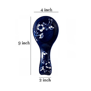 Sizikato Set of 2 Ceramic Spoon Rests, Utensil Ladle Rest for Kitchen, Blue Flower Pattern
