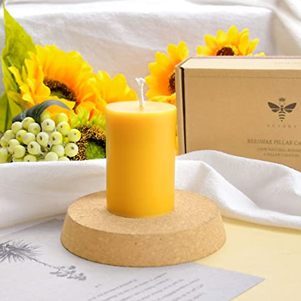 Natural Beeswax Pillar Candle 2x3 inch Set of 4, Dripless Smokeless Pure Brown Raw Beeswax Candle with Natural Scent for Prayer Home Relaxation,80 Hours Burning in Total
