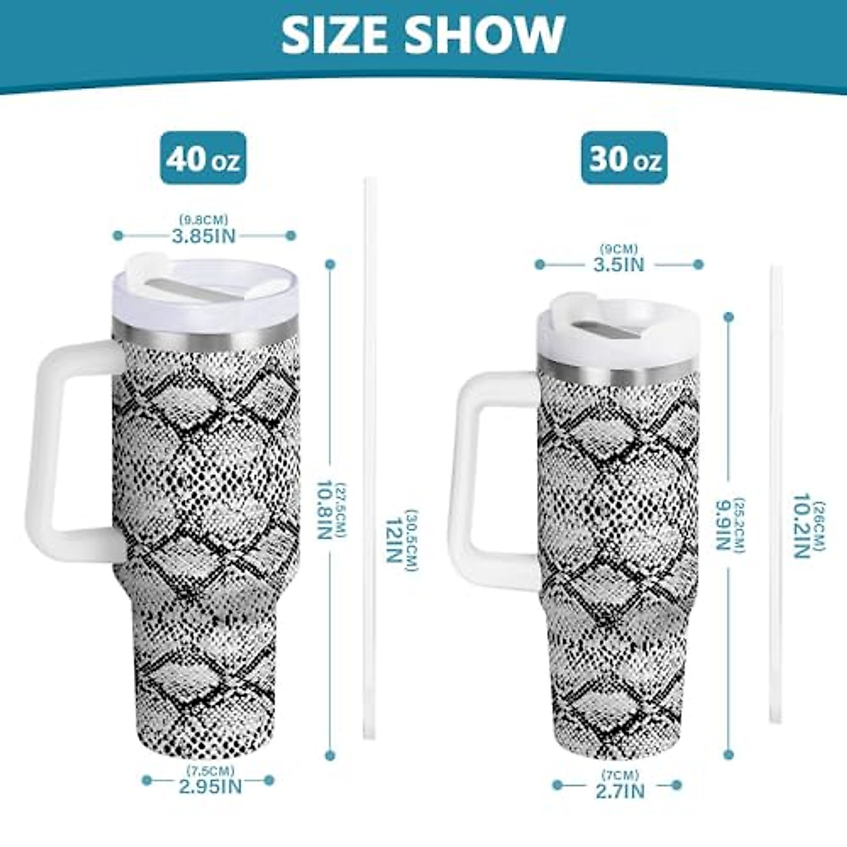 Joisal Black Snakeskin Texture Travel Tumbler Reusable Insulated Water Bottle with Handle Coffee Mug