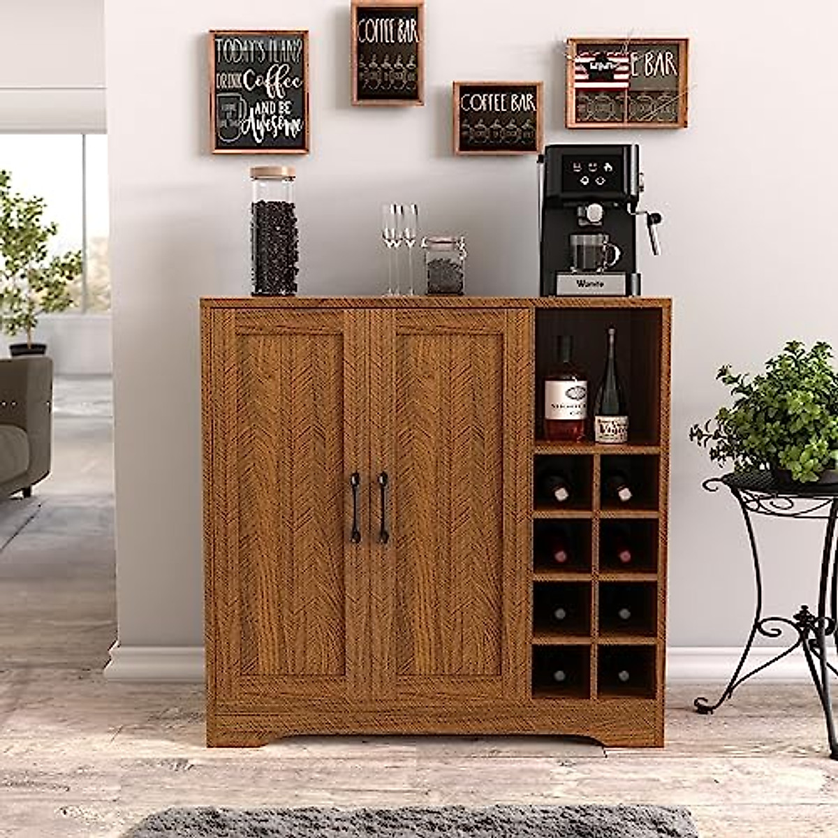 FROMJBEST Wine Bar Cabinet, Coffee Bar Cabinet with 2 Door and Shelf, Glass Holder, Accent Storage Cabinet, Buffet Sideboard for Dining Room, Kitchen (Brown)