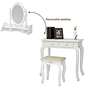 White Vanity Jewelry Makeup Dressing Table Set W/Stool 4 Drawer Mirror Wood Desk