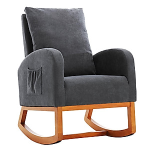 DecoraFlex Modern Accent Rocking Chair Nursery, Dark Gray Nursery Rocking Chairs with Solid Wood Legs, Upholstered Tall Back Accent Glider Rocking Chair for Living Room/Bedroom/Nursery