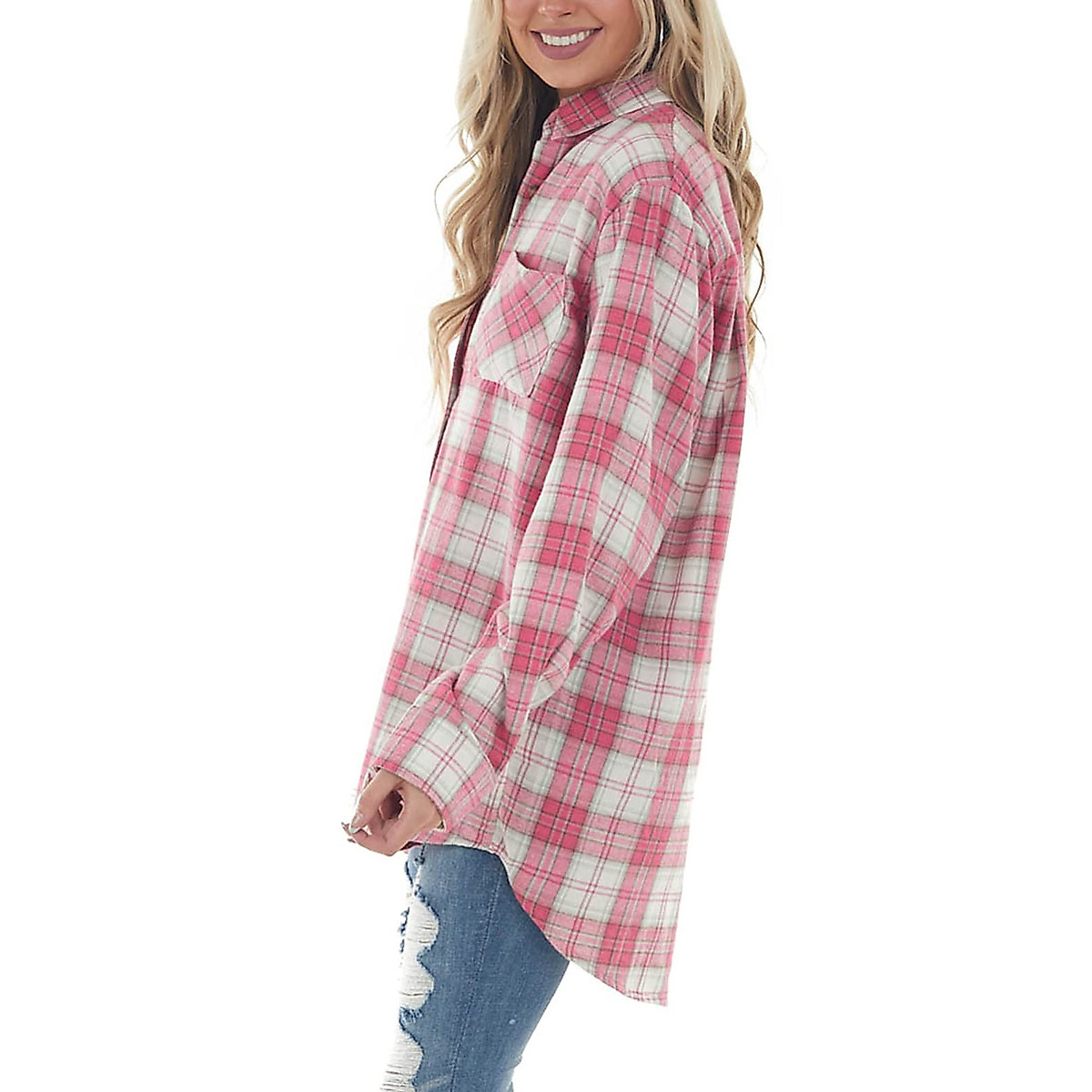 Jug&Po Womens Casual Cuffed 3 4 Long Sleeve Plaid Button Down Shirts Blouse Tops (Small, Bright Pink)