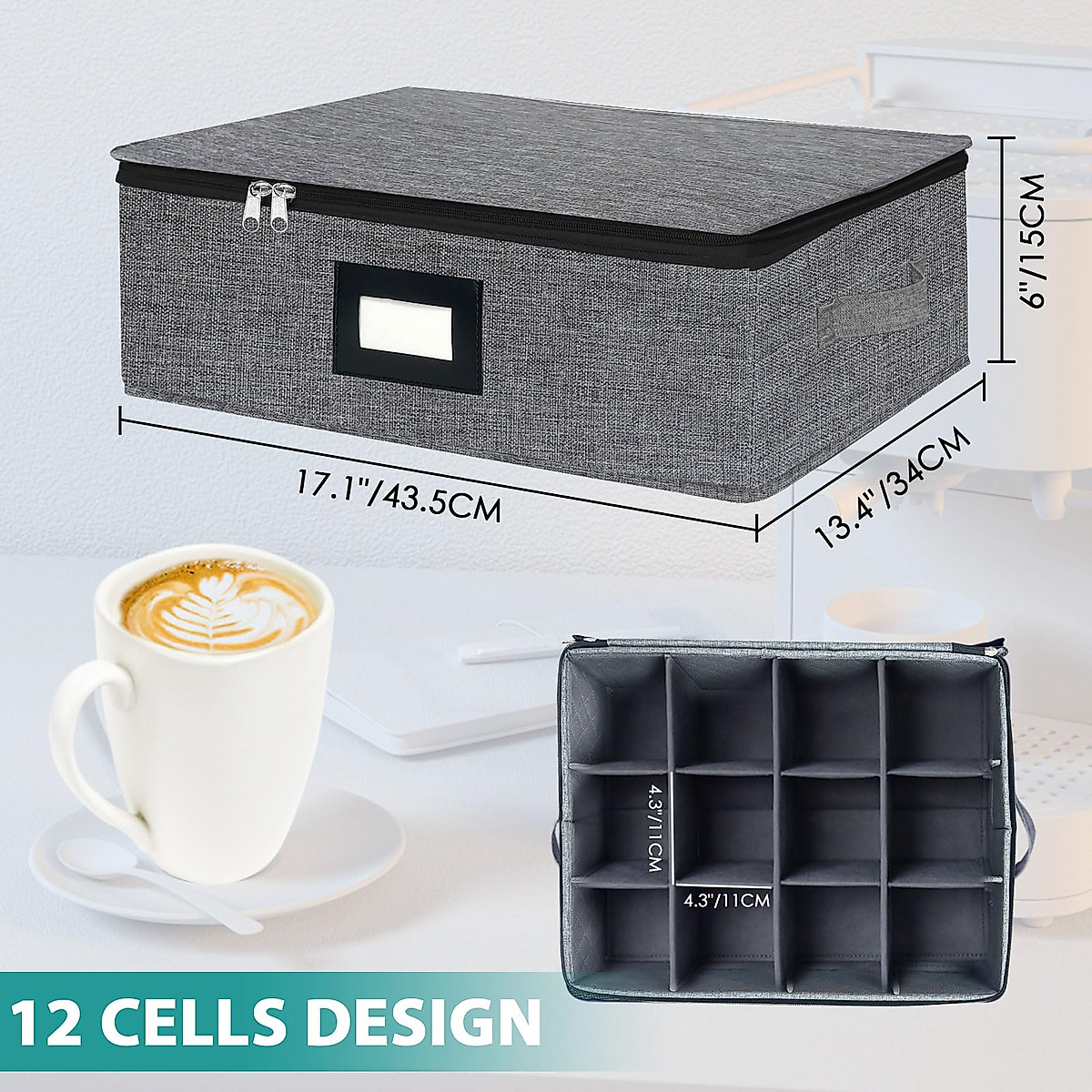 VERONLY Quilted Cup and Mug Storage Box, China Storage Containers with Zipper Lid and Handles, Holds 12 Coffee Mugs and Tea Cups, Hard Shell and Stackable for Dinnerware Storage, Transport (Dark Grey)