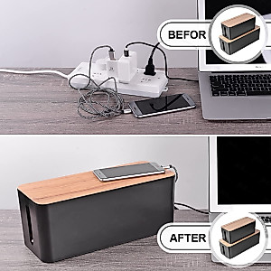 Cable Management Box, 2 Pack Large & Medium Bamboo Style Cable Organizer Box with 17 PCS Cable Management Set, Cord Organizer Box to Hide Surge Protector on Desk or Floor (Black)