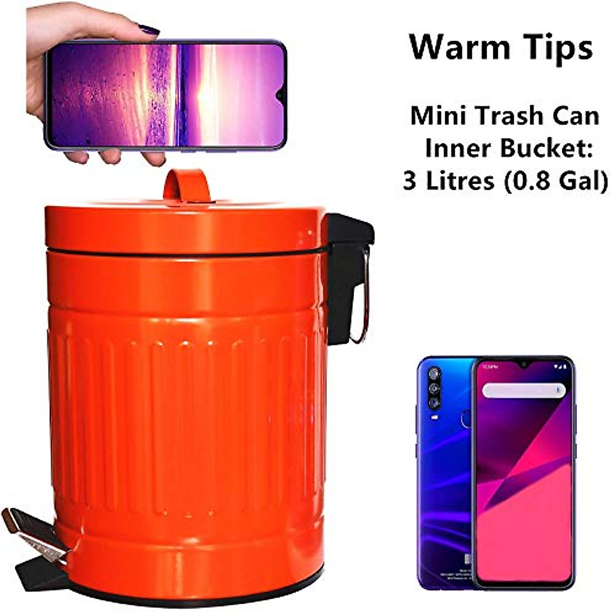 OCTMUSTARD Mini Metal Pedal Bin, Round Step Pet Trash with Lid and Handle, Small Garbage Can Wastebasket for Narrow Spaces at Home, Car or Office, 0.8Gal/3L, White 9" X 6.75" X 11.25"