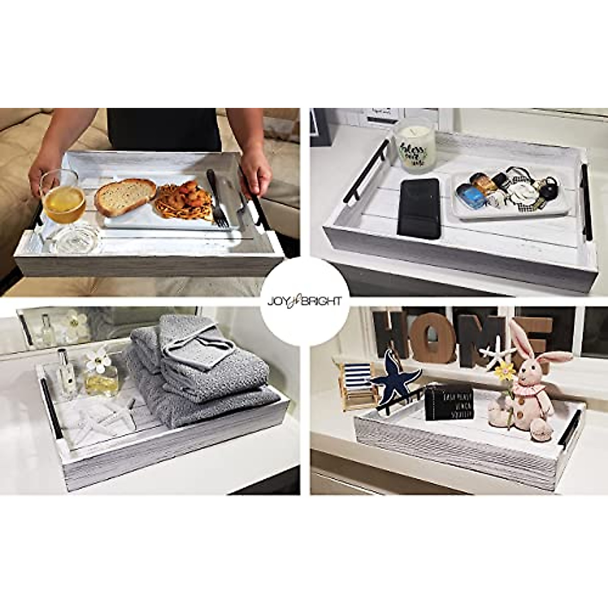 JB Joy and Bright Wooden Serving Ottoman Tray with 4 Coasters | 18x13 inch Rusted, Decorative Wood Trays for Coffee Table, Couch, Bed Ideal Appetizer, Food, Breakfast, Dessert, Tea, White (TW-1813)