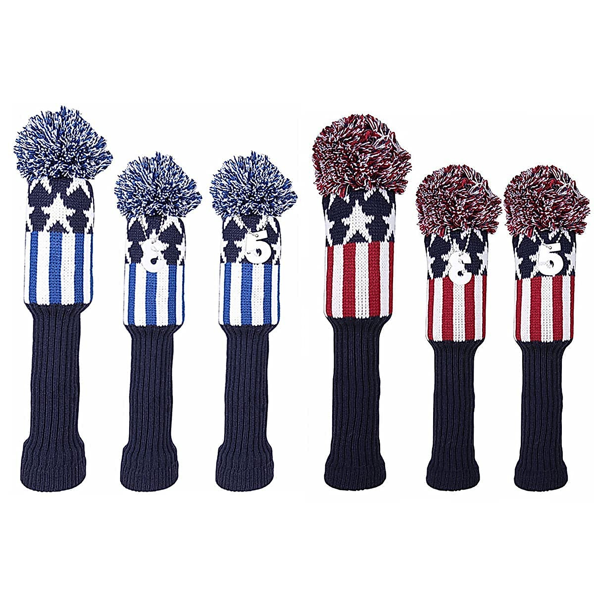 Golf Builder 3pcs/Set USA Stars and Stripes Knitted Golf Head Covers Sock Covers Pom Pom Covers for Driver Fairway Wood (Blue)